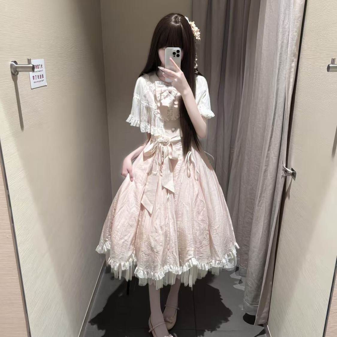 夏季甜美可爱Lolita罗莉塔蝴粉色蝶结洋装减龄收腰披肩公主长裙