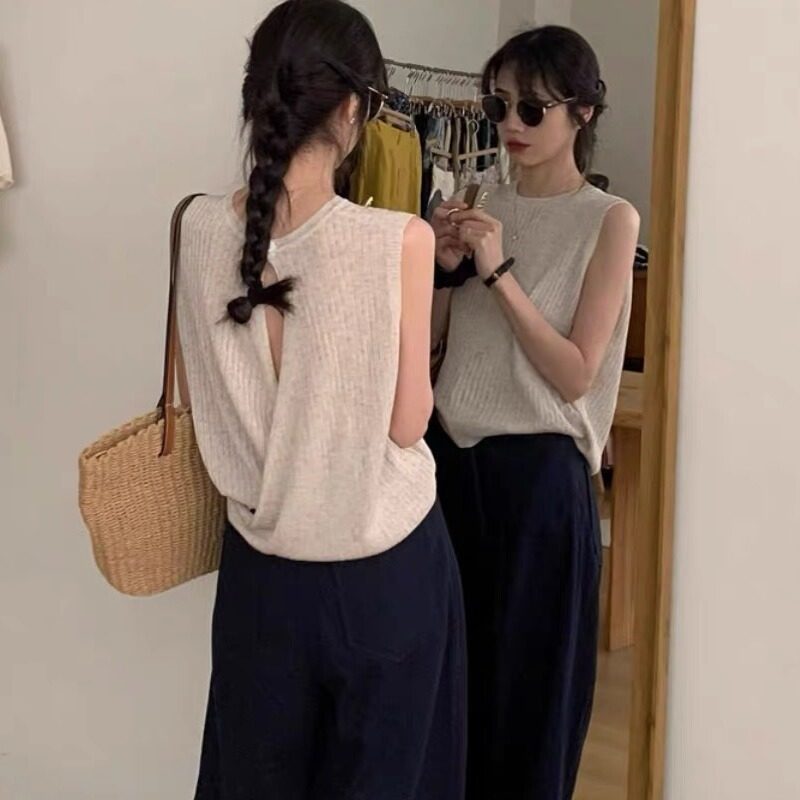 韩系燕麦色冰丝针织背心夏季后背镂空设计感外穿无袖背心女短上衣