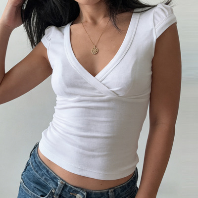 Tight cross V-neck white T-shirt紧身交叉V领拼接白色百搭T恤女