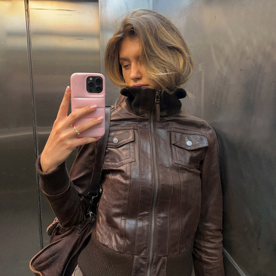 Leather jacket jacket for women 工装风口袋收腰复古外套女夹克