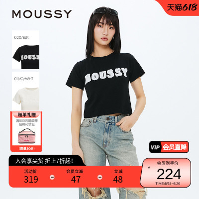 MOUSSY2025春季新品蕾丝LOGO刺绣基础款三色短袖T恤010ISL90-2211