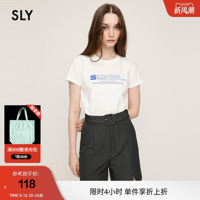 SLY 夏季甜酷简约字母印花圆领做旧短袖T恤030ISR90-2061