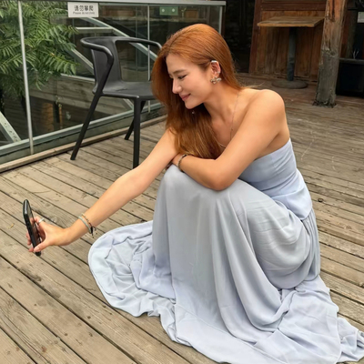 我家毛二同款Lovers and Friends蓝灰抹胸优雅修身连衣裙REVOLVE