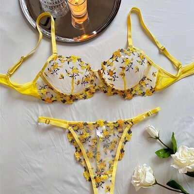 Floral Embroidery Lingerie Set, Mesh Unlined Bra & Sheer