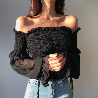 Lantern Sleeve Leak Clavicle One-Shoulder Solid Color Top女
