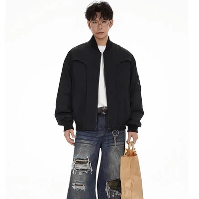 YorkZoom春季新品美式结构异形圆领拉链款飞行服夹克外套短款潮流