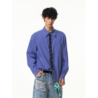 拼接格子拼色条纹衬衫长袖衬衣