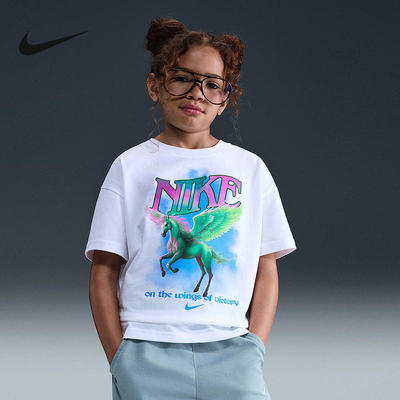 NIKE耐克女童短袖夏新款飞马印花宽松透气棉质运动T恤HV5725-100