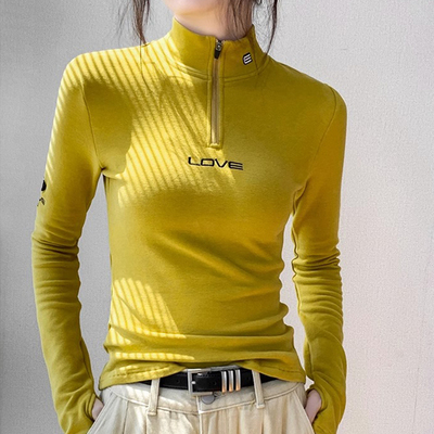 半高领拉链长袖T恤女秋冬款双面德绒修身内搭外穿时尚潮流打底衫