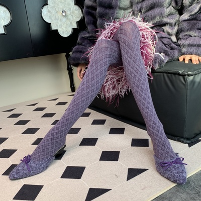 Haute Couture 级肌理法式轻奢气质打底袜紫色菱格连裤袜女