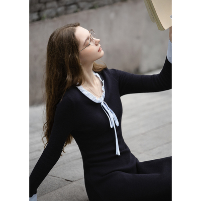 唐狮秋冬女法式连衣裙精致木耳边