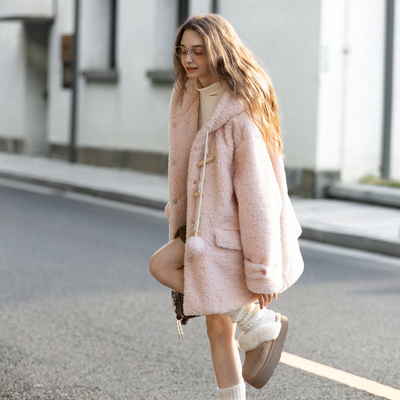 唐狮秋冬季中长款女外套连帽仿羊