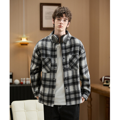 唐狮新款秋冬季男翻领格子长袖衬