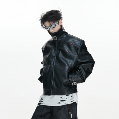 ArguE仿生鳄鱼纹立领短款皮衣