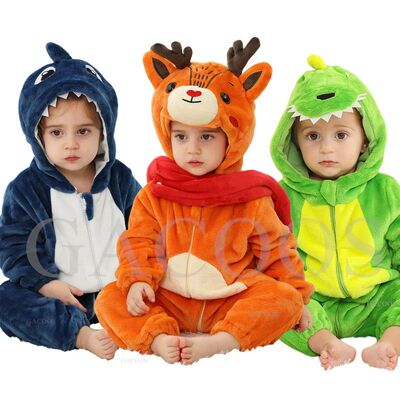 Cartoon Flannel Baby Rompers Shark Dinosaur Monkey Fox Pajam