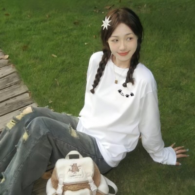 韩版长袖t恤女白色纯棉可爱猫爪印花甜酷宽松打底衫小众学生上衣