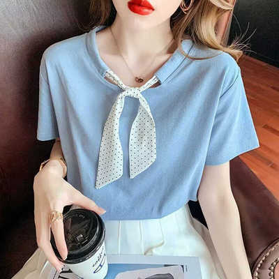 高级感纯棉通勤领结短袖女正肩