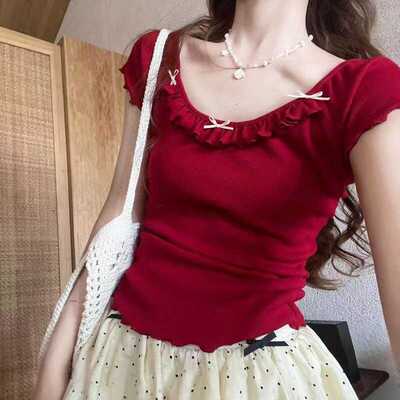 木耳边短袖T恤女多巴胺设计感