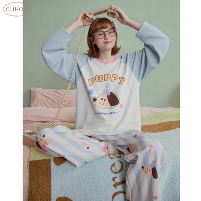 Gukoo/果壳睡衣女春秋款长袖轰轰小狗竖条纹新款居家服套装