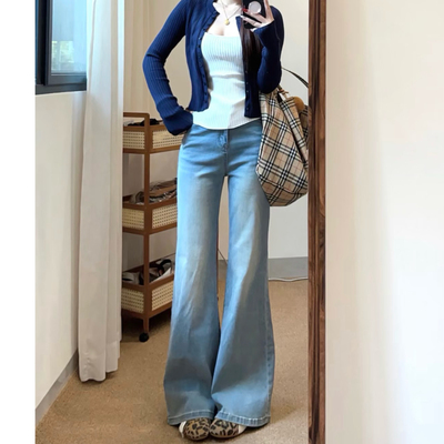 美式复古高腰显瘦微喇叭牛仔裤女