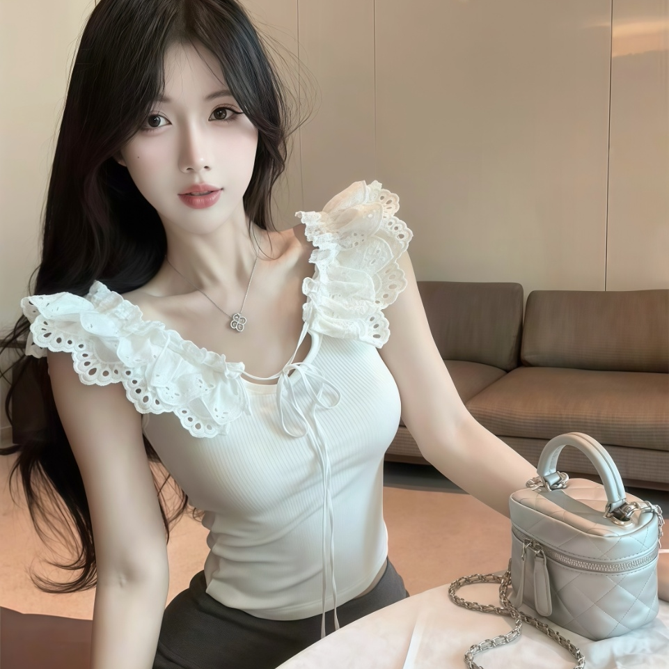 法式性感一字肩蕾丝吊带花边背心女露脐荷叶边修身显瘦短款上衣