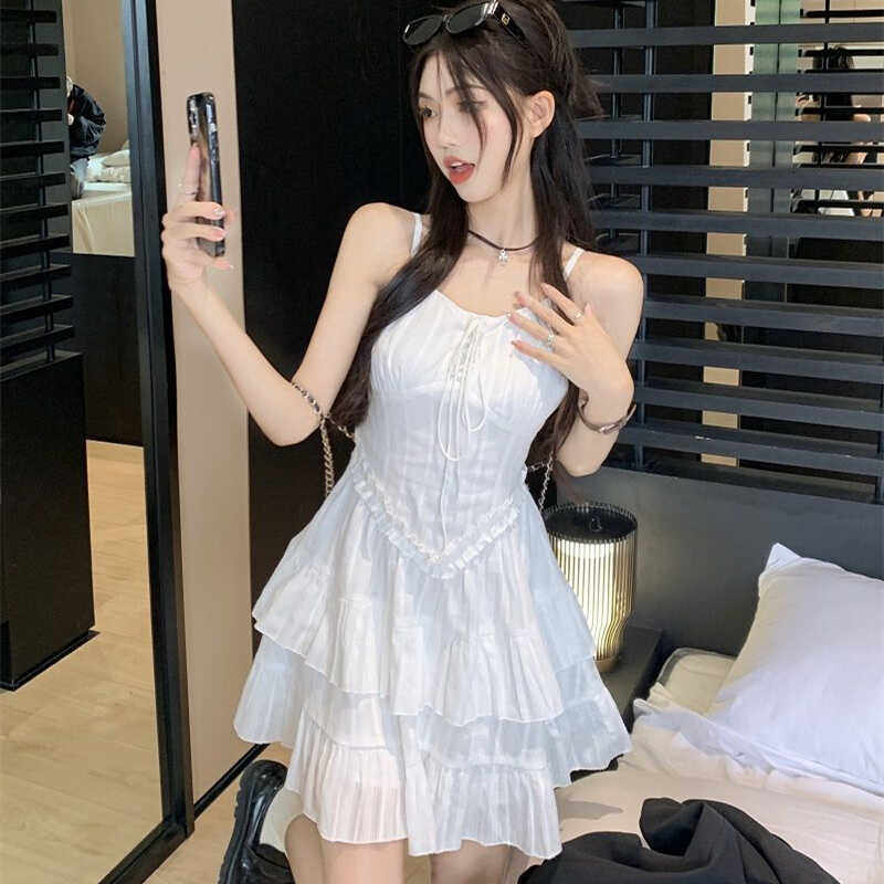 日系甜美白色吊带洋装女夏季法式初恋温柔风仙女收腰气质短裙子