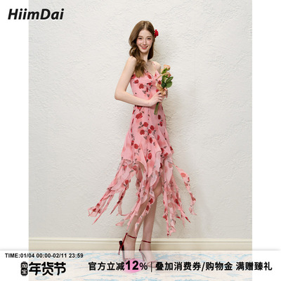 HiimDai度假风玫瑰花吊带连衣裙
