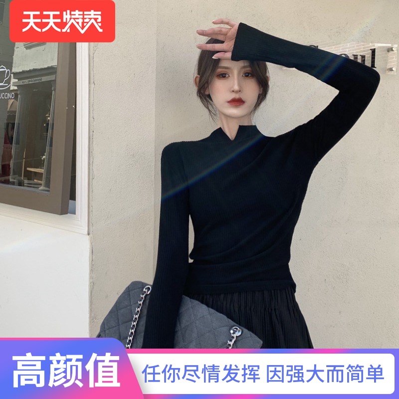 半高领打底衫女秋冬内搭洋气设计感小众长袖磨毛t恤修身垫肩上衣
