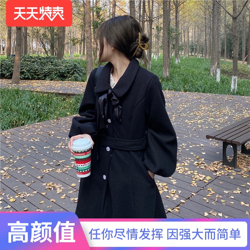 大码胖mm打底蕾丝连衣裙女2021秋冬新款套装气质显瘦系带毛呢大衣