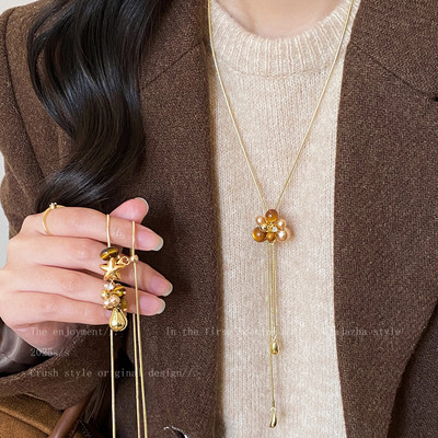 虎眼石星星珍珠毛衣链女