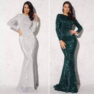 romagic silver full sleeved neck sequined prom gown dresses