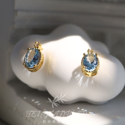 天然海蓝宝纯银水晶宝石耳钉
