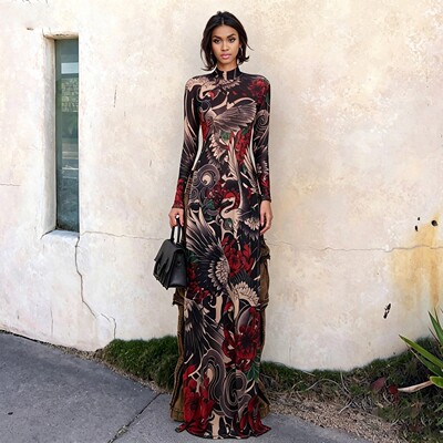 Printed semi high neck slit long skirt动物纹半高领开叉长裙女
