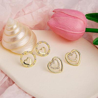 银针日韩精致小巧双层爱心甜美镶钻耳钉闺蜜死党可爱少女耳饰定制