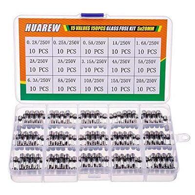 HUAREW 15 Values 150 Pcs 5x20 mm Fast Blow Glass Fuses 0.