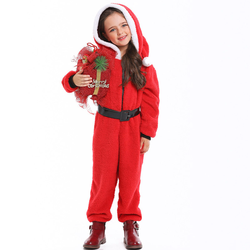 儿童圣诞节服装珊瑚绒红色喜庆连体衣女孩舞台表演服装家居服睡衣