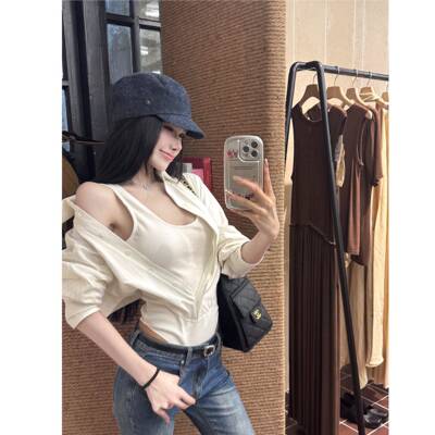 灰尘邓邓 【云漫白衫】拼接假两件polo领衬衫女早秋衬衫D25N2697