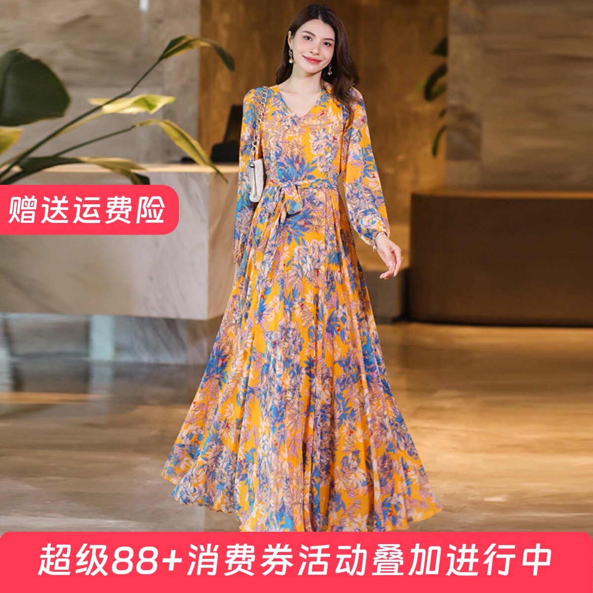 2026年新款夏季大摆连衣裙收腰显瘦旅游度假长裙雪纺裙沙滩裙子