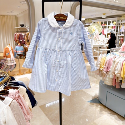chocolat巧克力韩国童装代购26春季女童竖条纹翻领纯棉衬衫连衣裙
