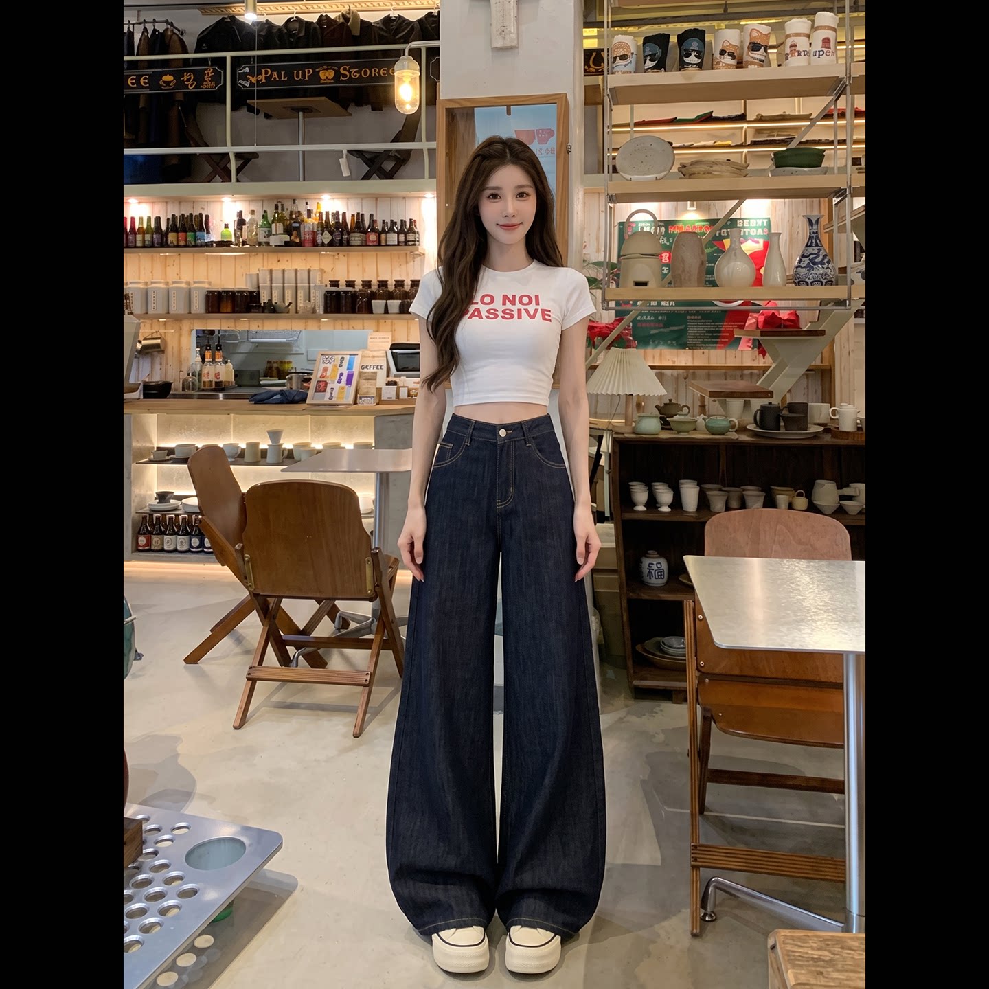 拉夏贝尔复古深蓝色阔腿牛仔裤女2026新款高腰显瘦宽松直筒拖地裤