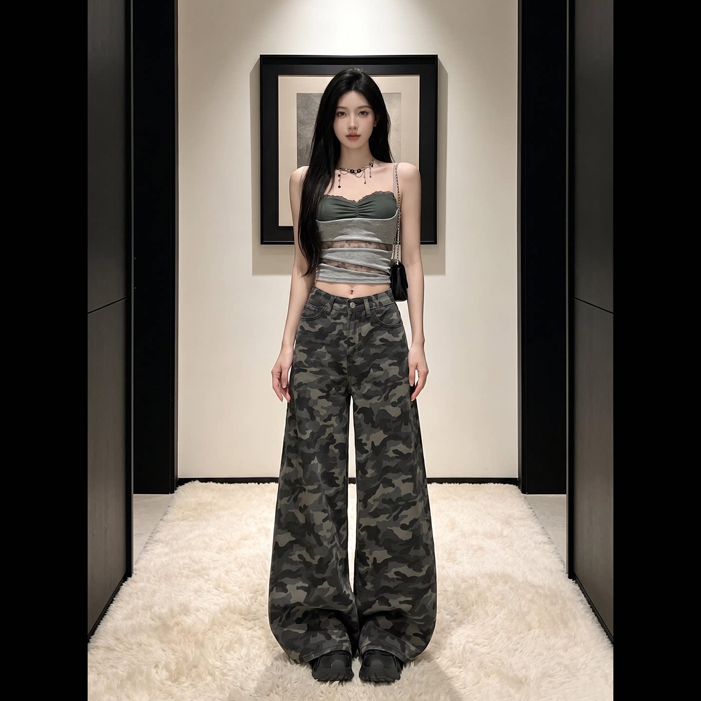 拉夏贝尔迷彩弯刀牛仔裤女2026秋季新款高腰显瘦宽松百搭阔腿裤子