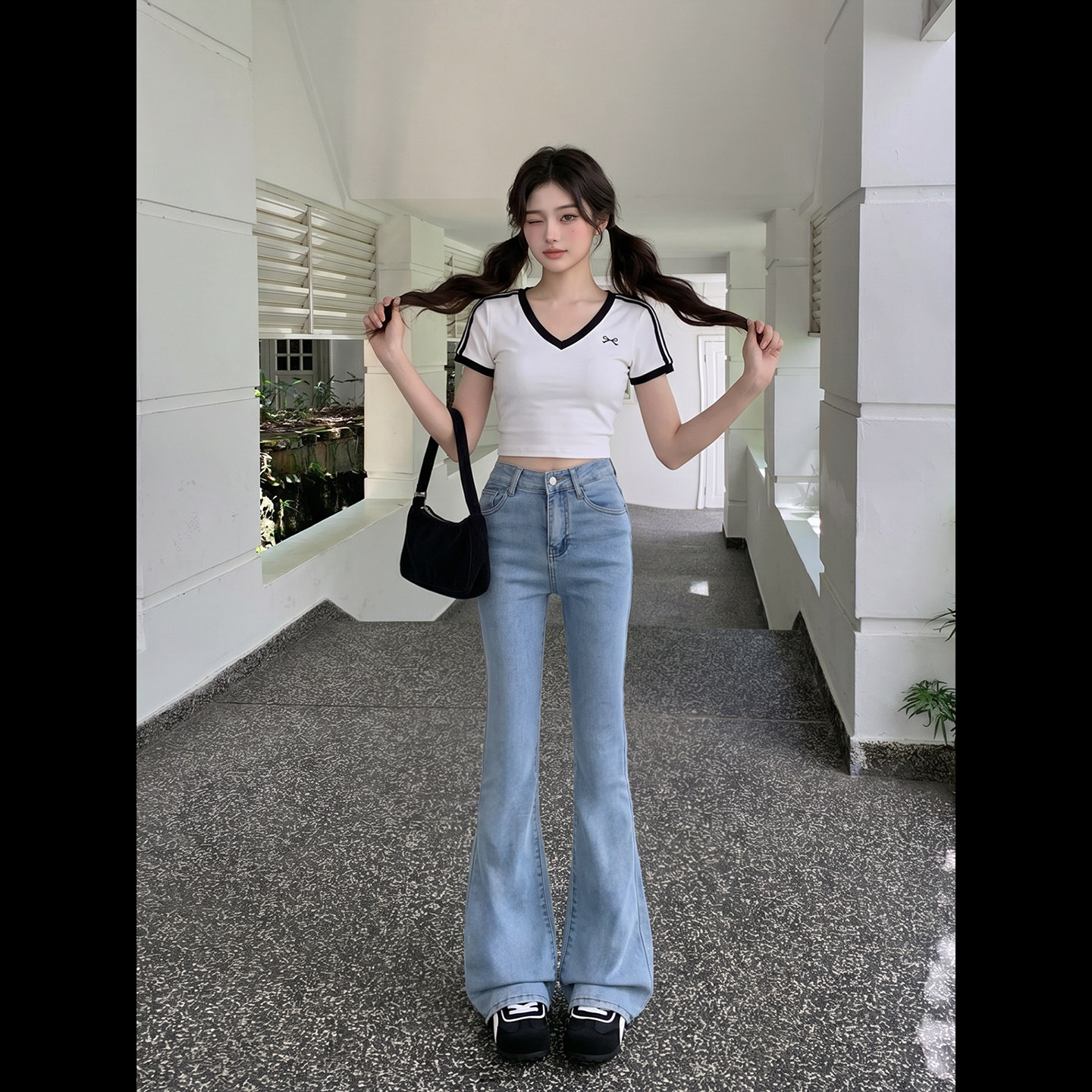 拉夏贝尔浅蓝九分微喇牛仔裤女夏薄款2026新款高腰宽松百搭喇叭裤