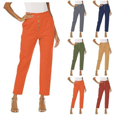 Pants Cropped Linen and Cotton Button Casual Pants Pencil