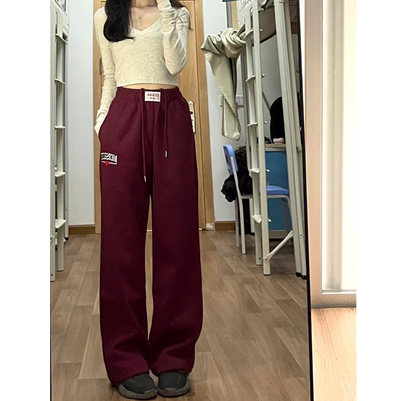 美式高街酒红色运动裤女秋冬卫裤加绒加厚宽松直筒垂感阔腿长裤子_虎窝淘