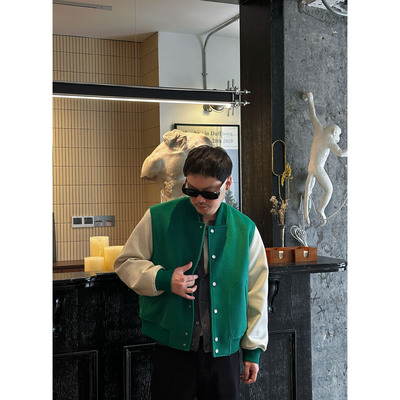 AUSTINBEAUTY【25aw】绿白精纺羊毛海岛绒混纺棒球服夹克外套