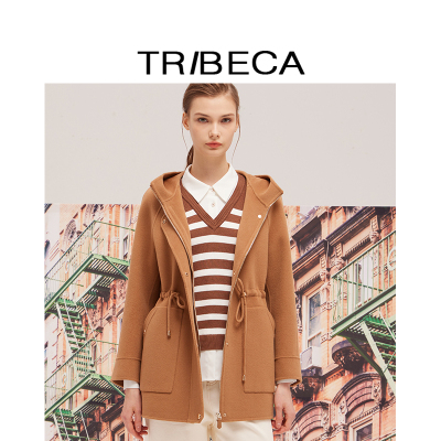 翠贝卡羊毛复古抽绳毛呢大衣