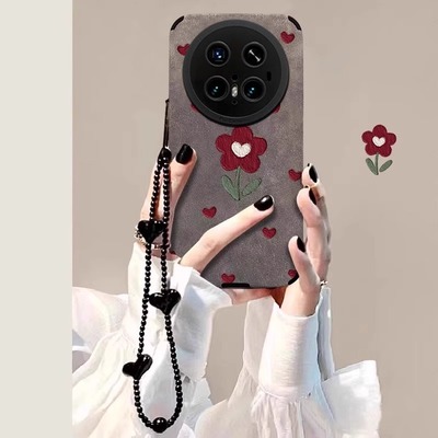 爱心小红花适用华为mate70pro手机壳红色翻毛皮MATE60网红女款M50全包防摔40高级感pura70带手链30网红小清新