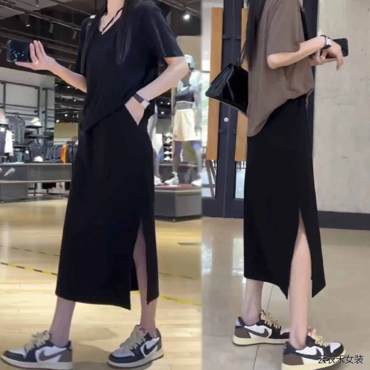 形材尺码高半身裙女夏新长版开A字梨身大腰显瘦黑色季款弹力中叉