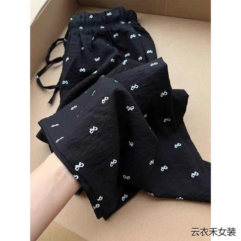 蝶腿女02款季薄款大码显美冰丝闲直裤蝴结印花阔裤26新夏尺瘦甜休