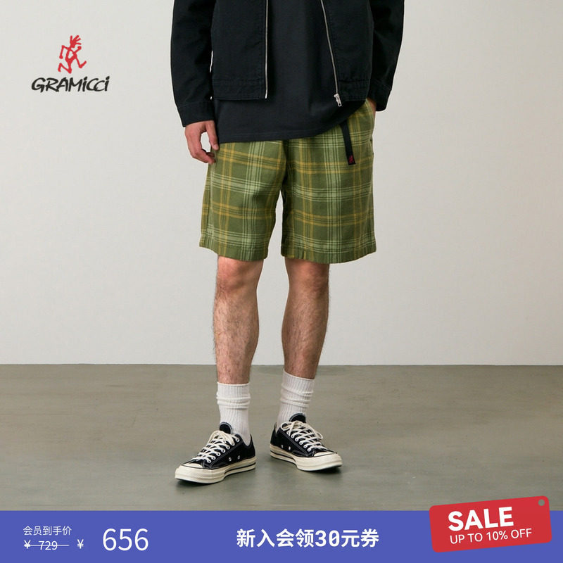 【季末折扣】GRAMICCI小野人男棉麻格纹运动休闲短裤子G6SM-P017